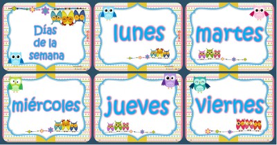 Tarjetas imprimibles Días de la semana. Motivo Búhos - Imagenes Educativas