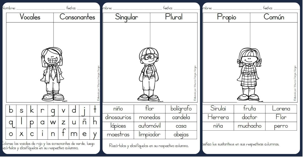 Fichas de repaso, vocales y consonantes, masculino y femenino, singular ...