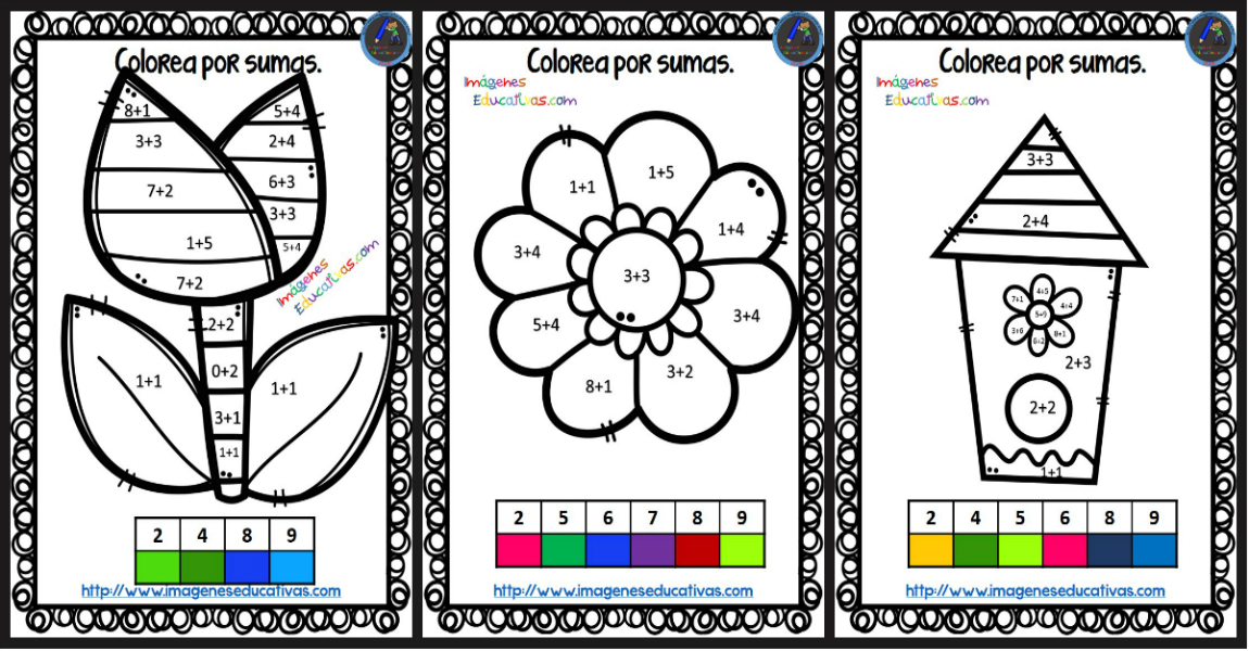 Coloreamos por colores Sumas con motivos de primavera - Imagenes Educativas
