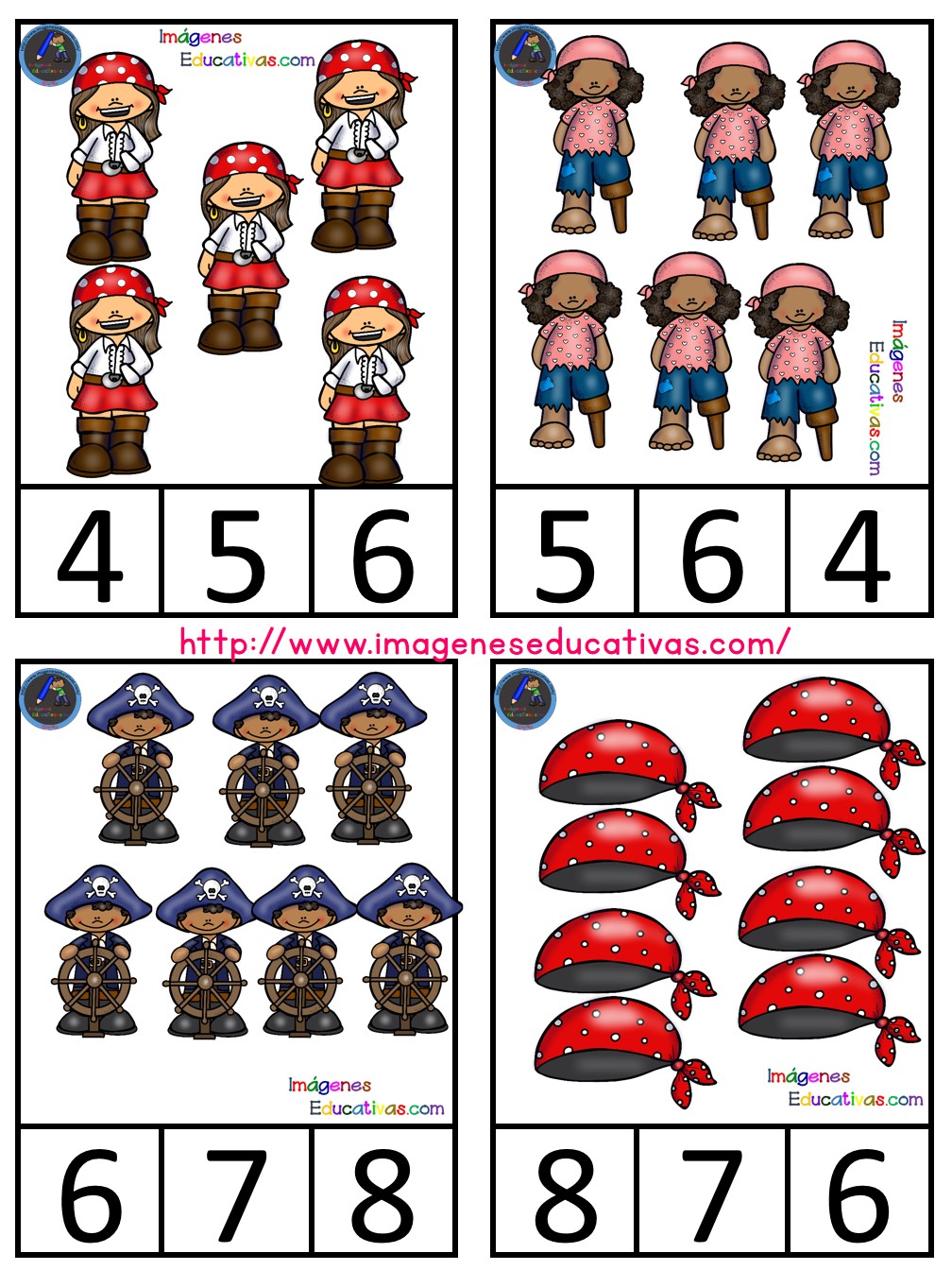 Tarjetas de asociación cantidad-grafía piratas (4) - Imagenes Educativas