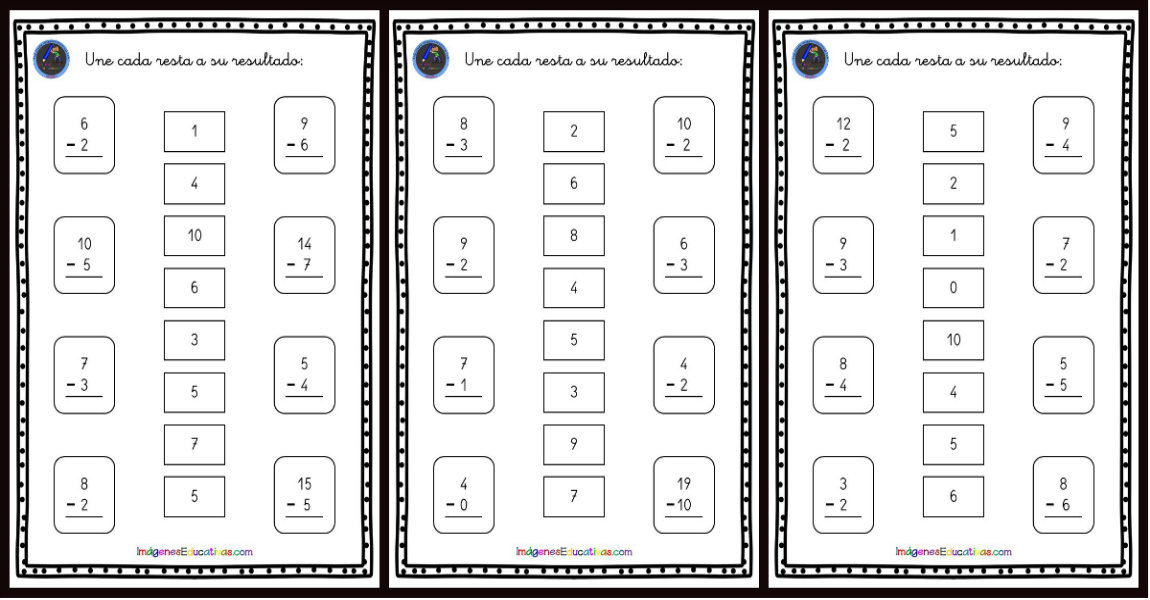 Sencillas restas: Une cada operación con su resultado - Imagenes Educativas