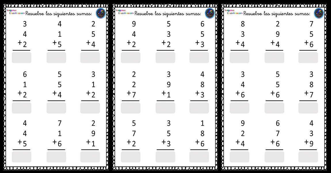 Sumas sencillas de tres números de 1 cifra - Imagenes Educativas