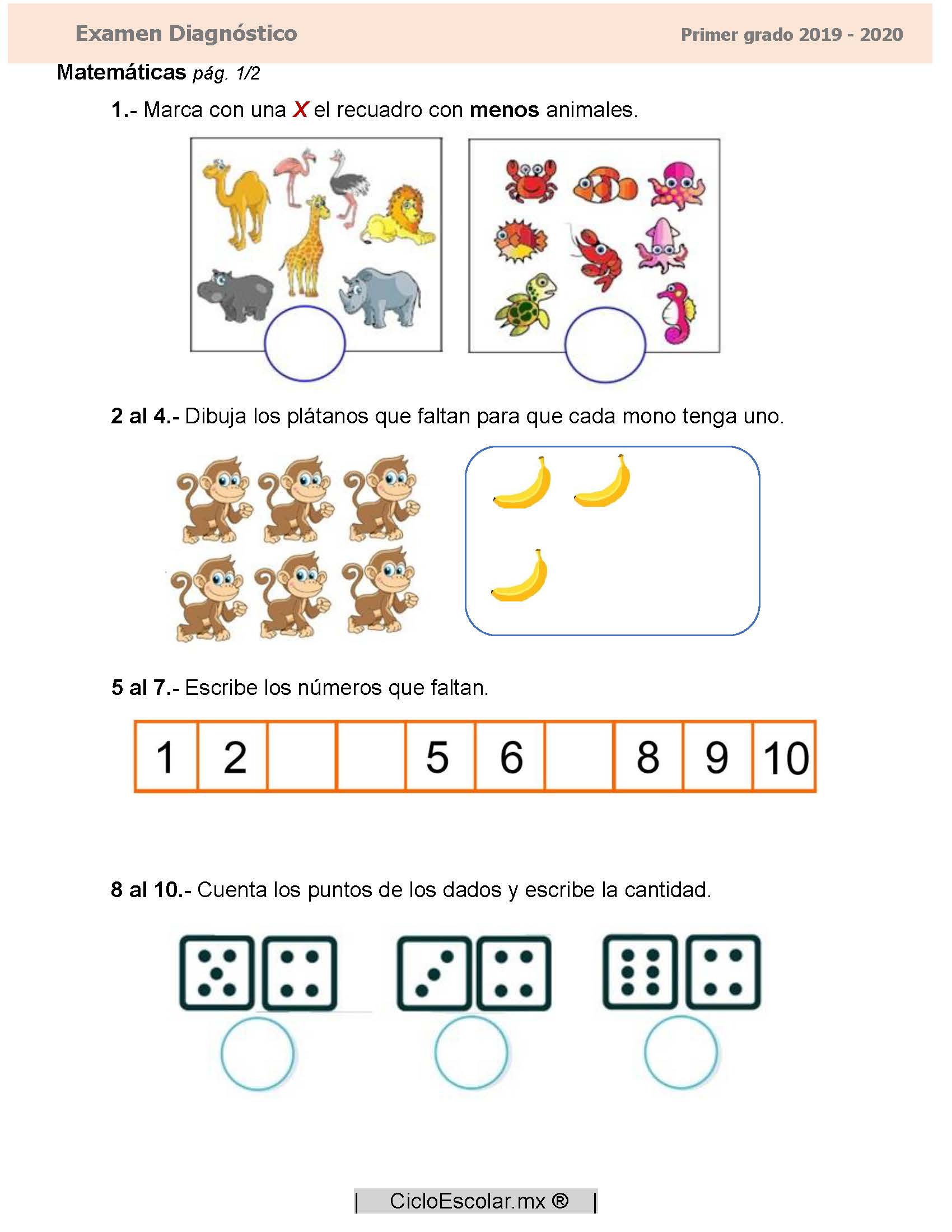 Examen Diagnóstico PRIMER grado 20192020 Imagenes Educativas