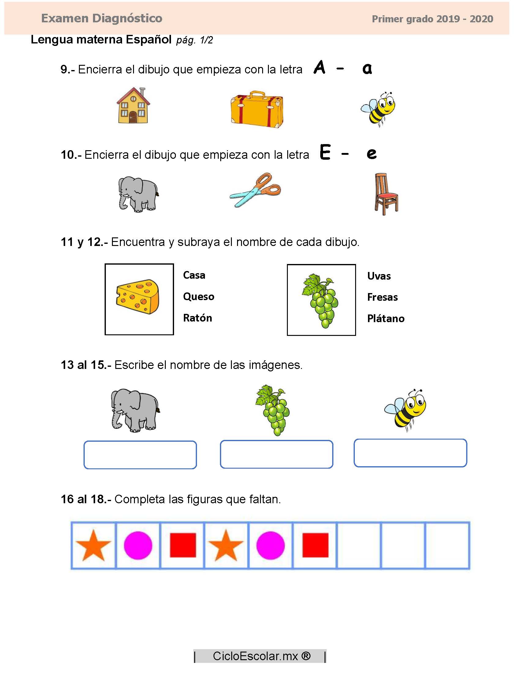 Examen Diagnóstico PRIMER grado 2019-2020 - Imagenes Educativas