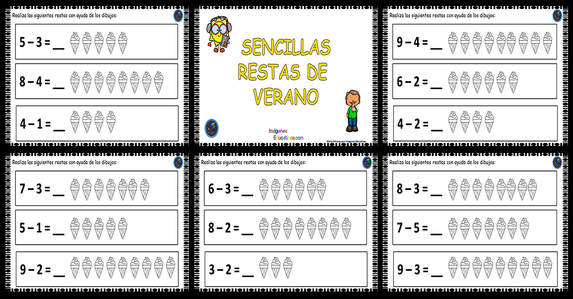 Sencillas restas especial verano - Imagenes Educativas