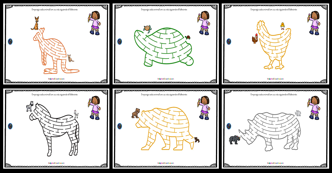 Laberintos con siluetas de animales - Imagenes Educativas