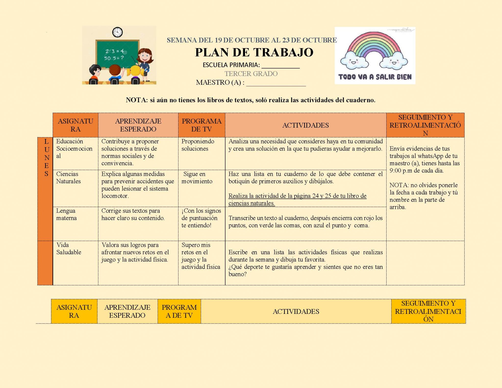 PLAN DE TRABAJO SEMANA 9 DEL 19 AL 23 OCTUBRE TODOS LOS GRADOS Y ...