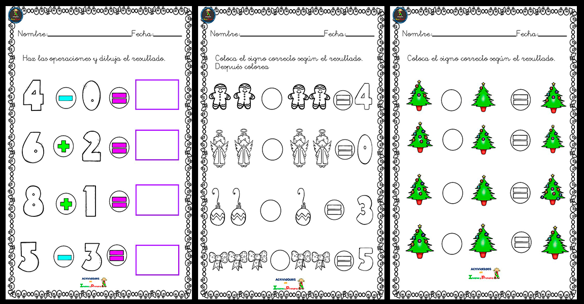 Fichas matemáticas de Navidad: sumas y restas - Imagenes Educativas