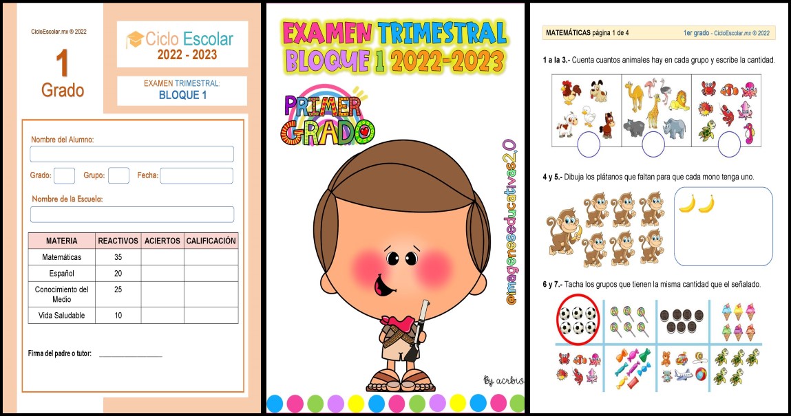 EXAMEN TRIMESTRE BLOQUE I 1° PRIMARIA CICLO ESCOLAR 2022-2023 PORTADA ...