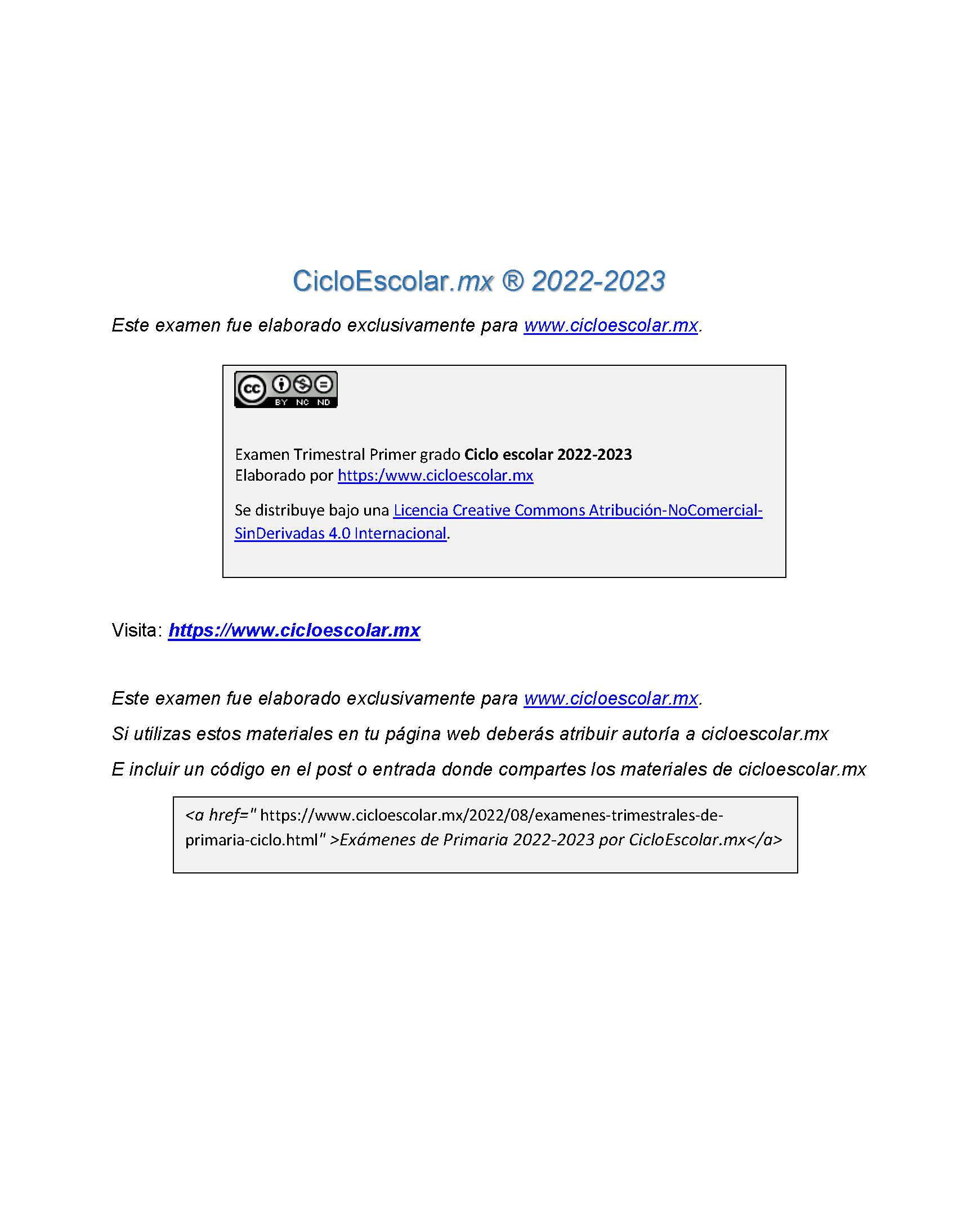 EXAMEN TRIMESTRE BLOQUE I 1° PRIMARIA CICLO ESCOLAR 2022-2023 ...