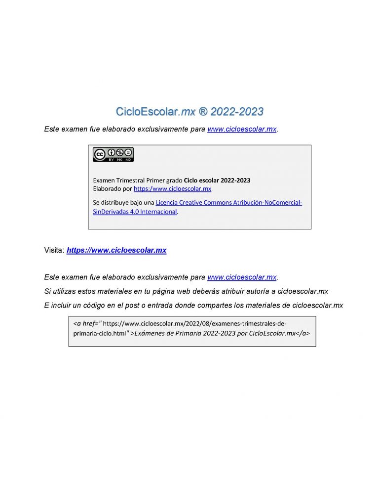 Examen Trimestre Bloque I 1° Primaria Ciclo Escolar 2022 2023 7208