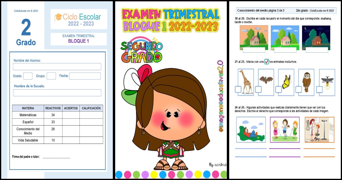 EXAMEN TRIMESTRE BLOQUE I 2° PRIMARIA CICLO ESCOLAR 2022-2023 PORTADA ...