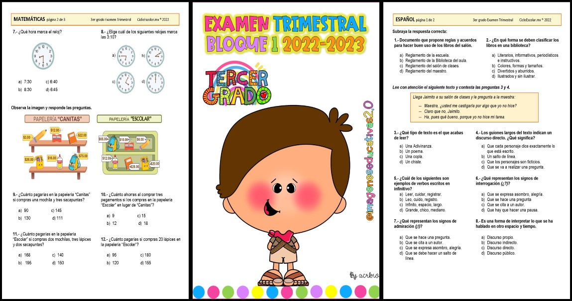 EXAMEN TRIMESTRE BLOQUE I 3° PRIMARIA CICLO ESCOLAR 2022-2023 ...