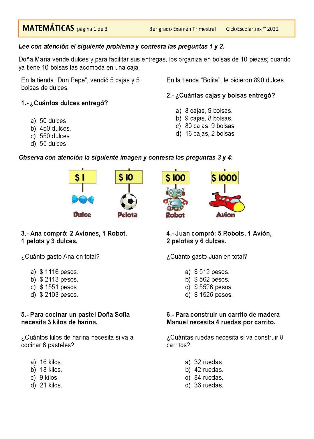 EXAMEN TRIMESTRE BLOQUE I 3° PRIMARIA CICLO ESCOLAR 2022-2023 ...