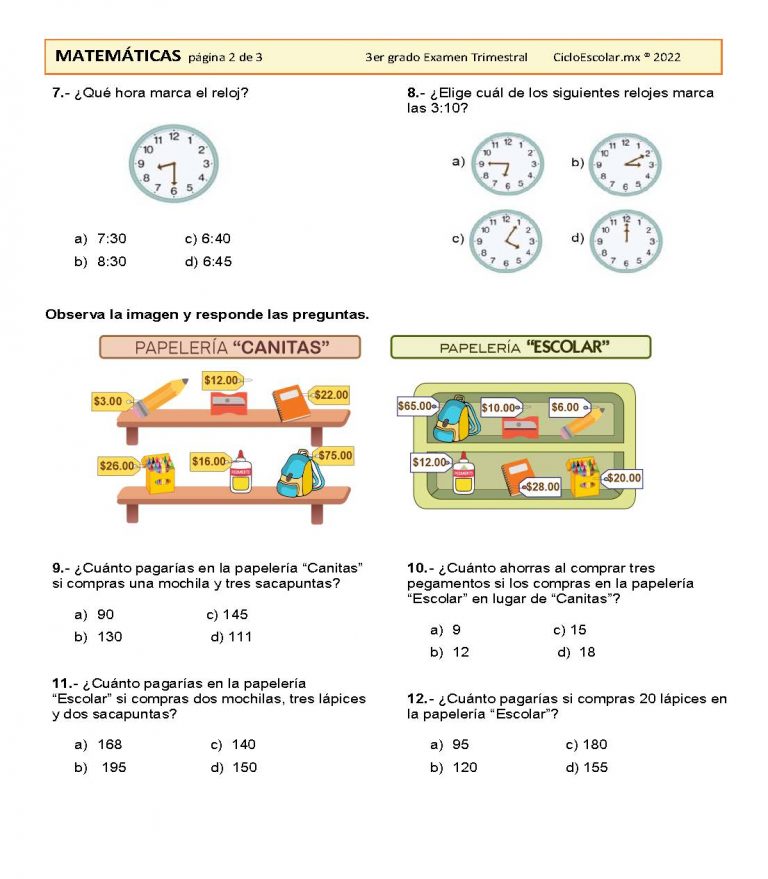 EXAMEN TRIMESTRE BLOQUE I 3° PRIMARIA CICLO ESCOLAR 2022-2023 ...