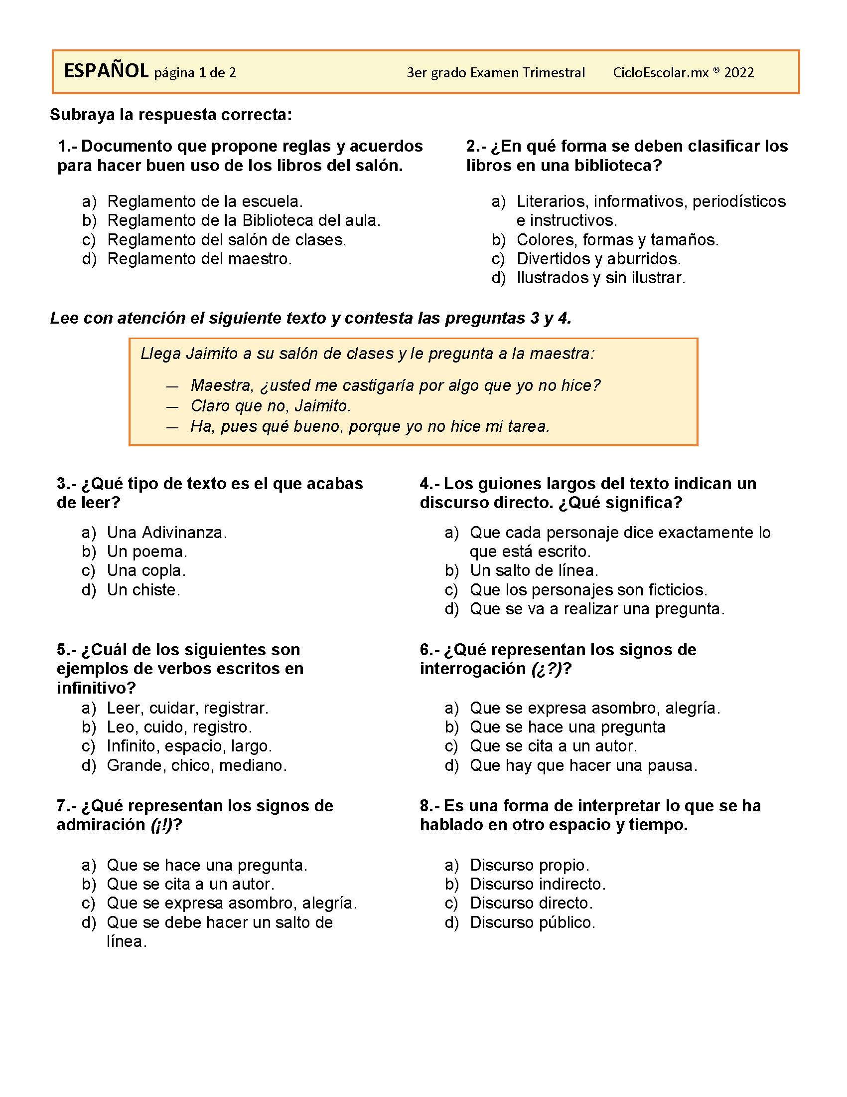 EXAMEN TRIMESTRE BLOQUE I 3° PRIMARIA CICLO ESCOLAR 2022-2023 ...