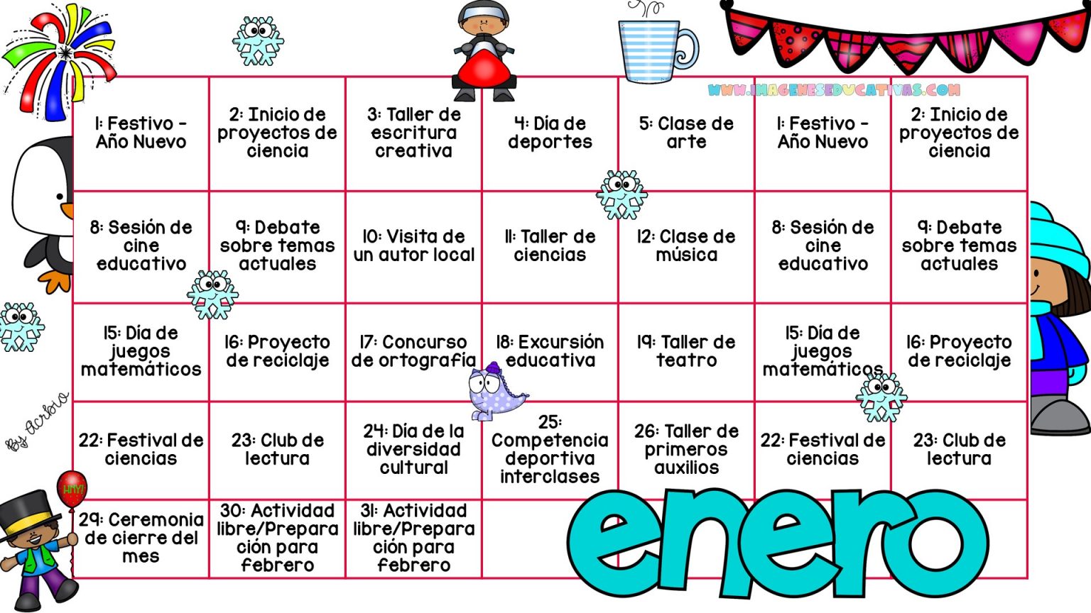 CALENDARIO ENERO DE ACTIVIDADES DIVERTIDAS PARA HACER EN LA ESCUELA ...