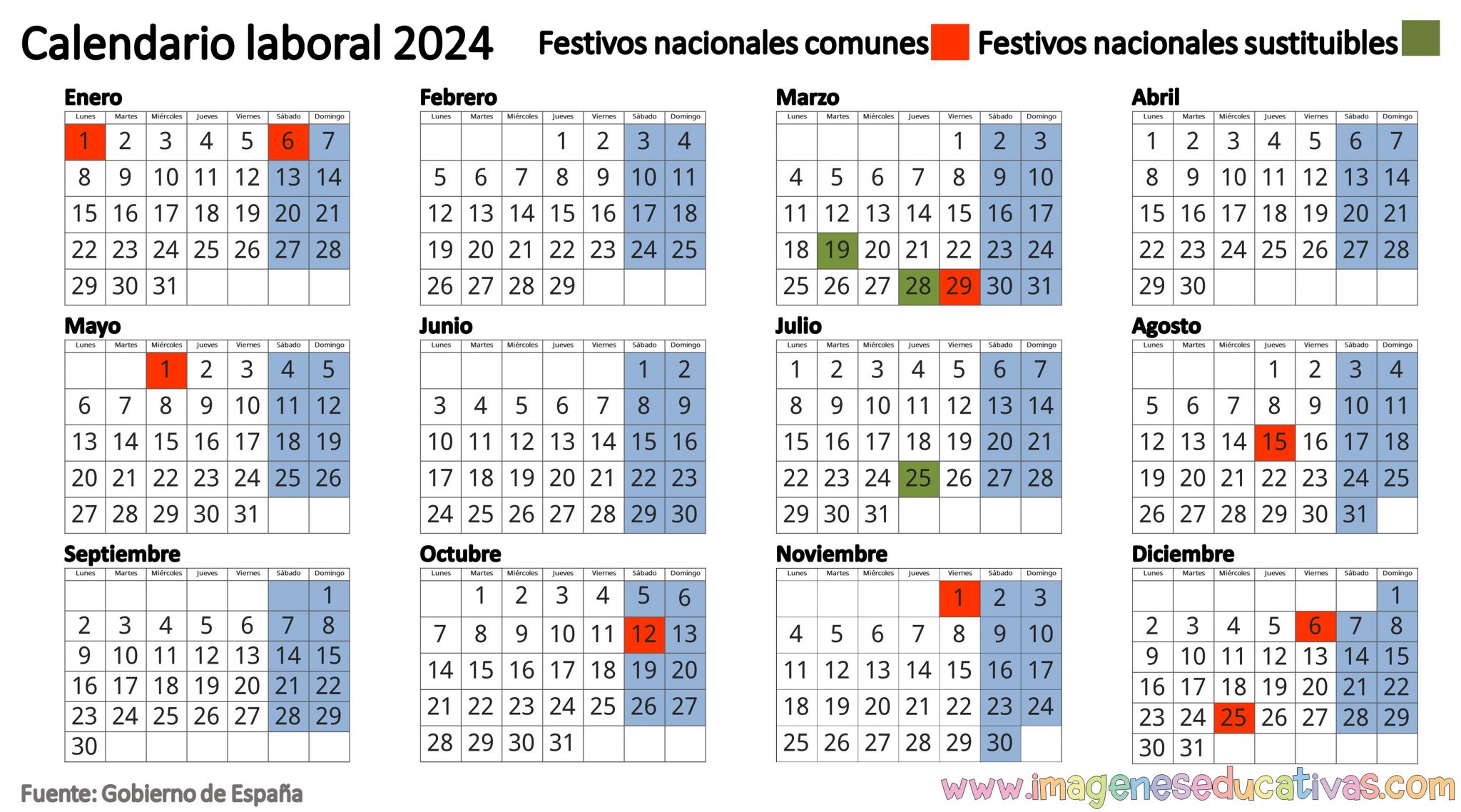 CALENDARIO LABORAL 2024 CON TODOS LOS FESTIVOS Y PUENTES DEL AÑO ...