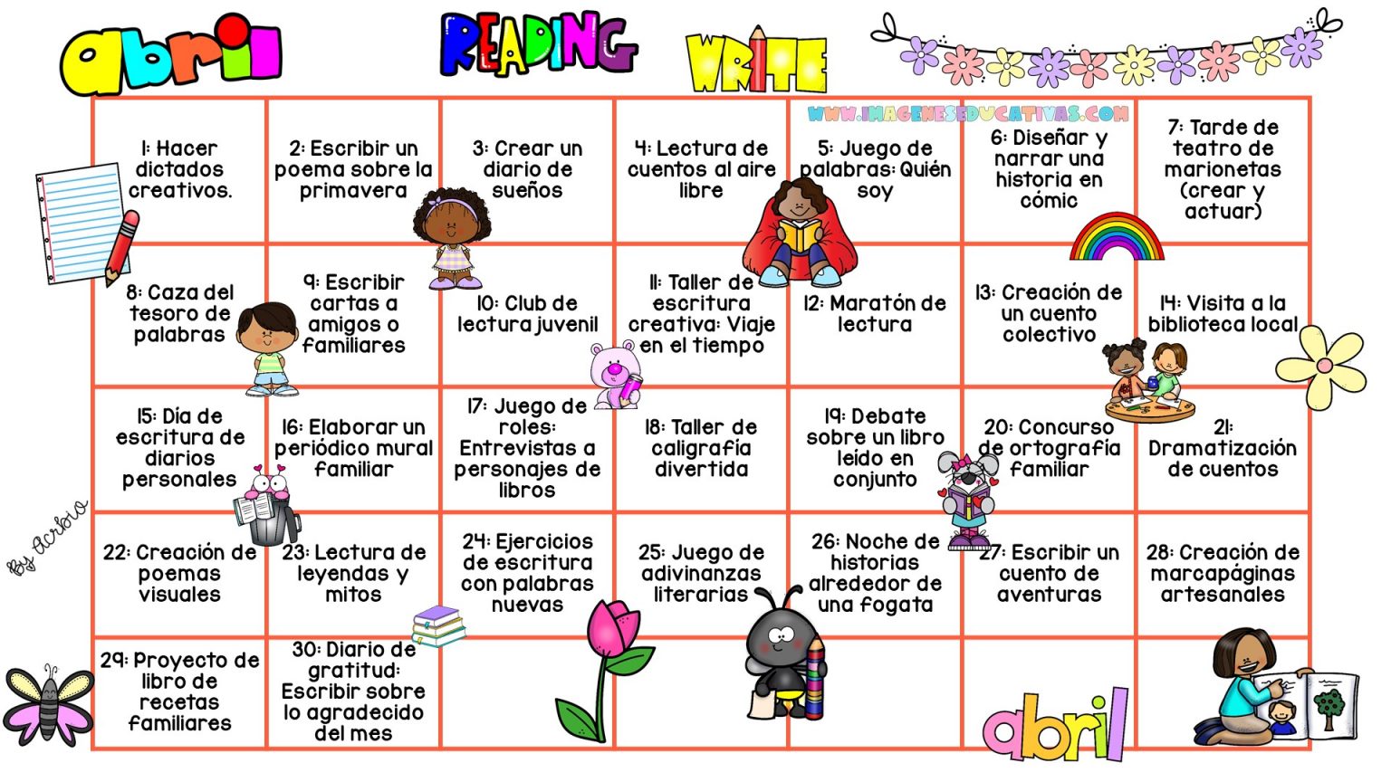CALENDARIOS DE ACTIVIDADES LECTOESCRITURA MES DE ABRIL - Imagenes ...