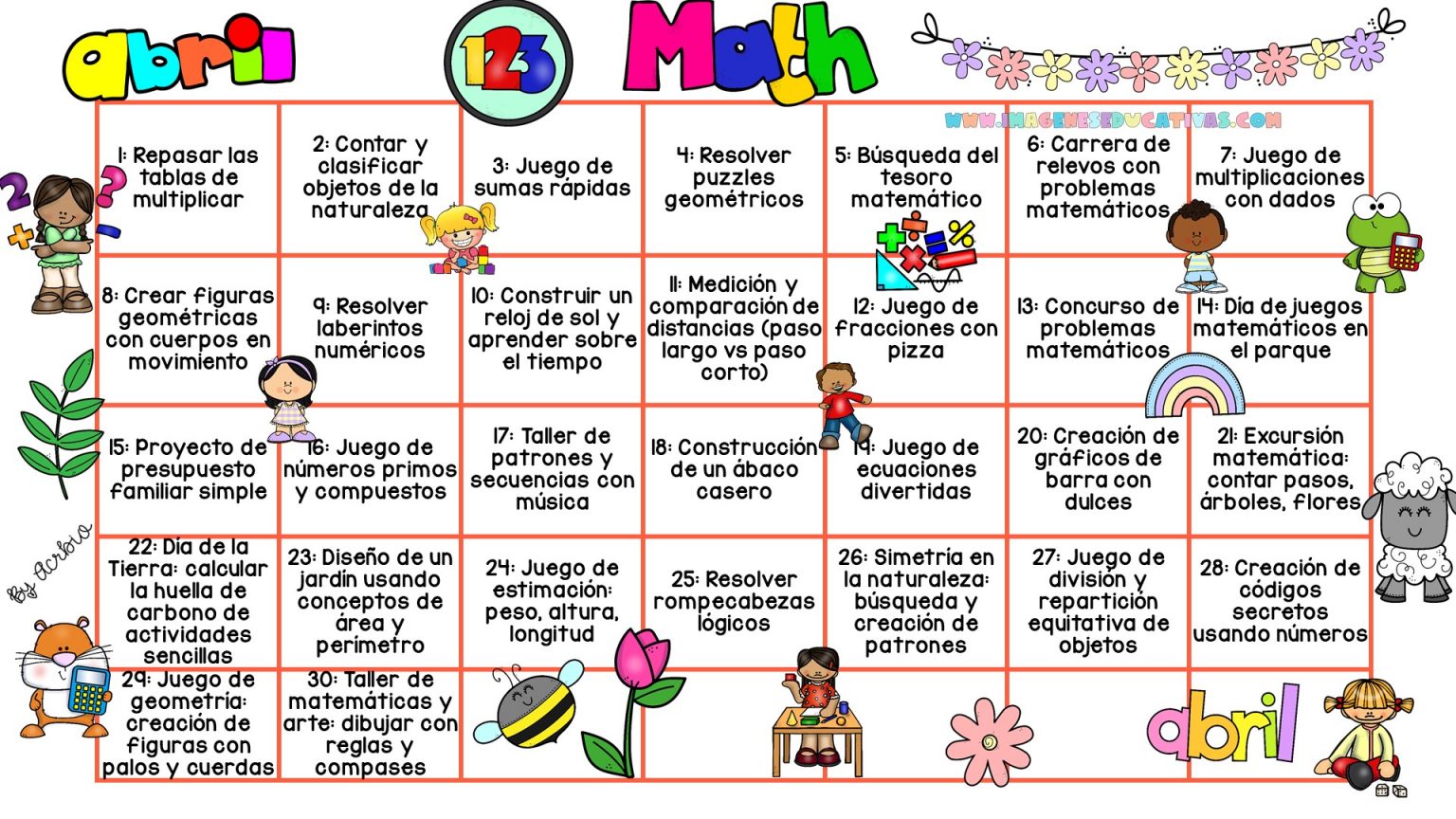 CALENDARIOS DE ACTIVIDADES MATEMÁTICAS MES DE ABRIL - Imagenes Educativas