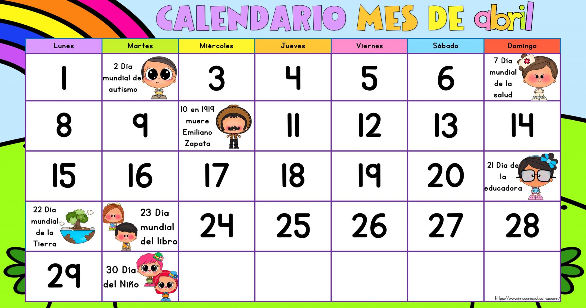 CALENDARIO MES DE ABRIL CON EFEMERIDES EN BLANCO Y NEGRO PARA RELLENAR ...