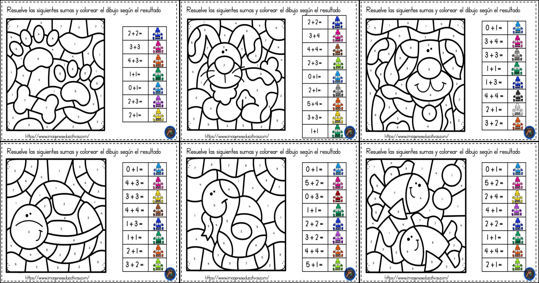 DIBUJOS DE ANIMALES SUMA Y COLOREA SEGÚN EL RESULTADO - Imagenes Educativas