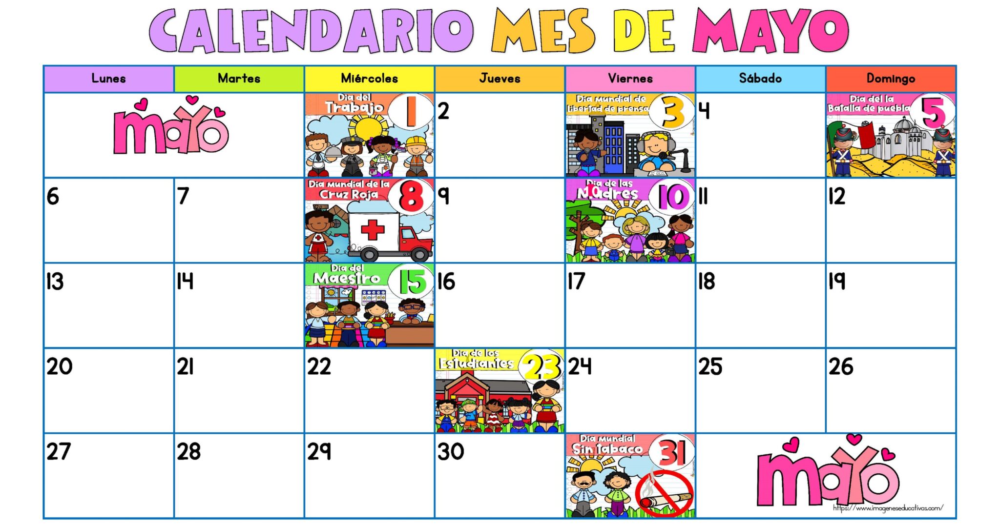 CALENDARIO MES DE MAYO CON EFEMERIDES EN BLANCO PARA RELLENAR 2024 PORTADA - Imagenes Educativas