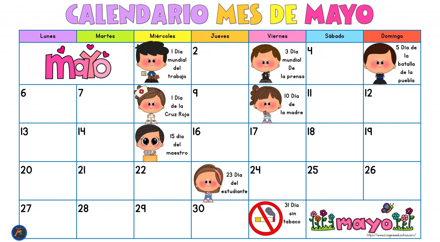 CALENDARIO MES DE MAYO CON EFEMERIDES PARA RELLENAR - Imagenes Educativas