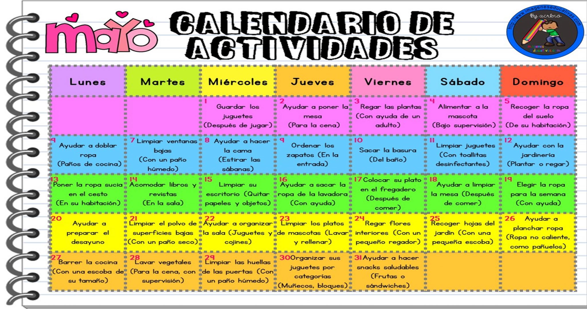 Calendario de actividades para ayudar en casa mayo 2024 - Imagenes ...
