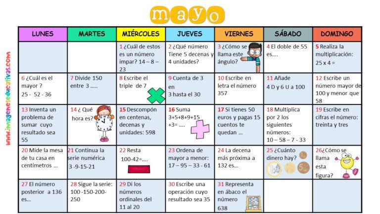 Calendario matemático mayo - Imagenes Educativas