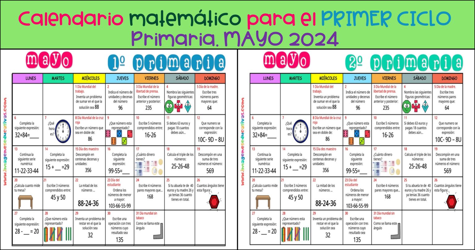 Calendario matemático para el PRIMER CICLO de Primaria. MAYO 2024 ...