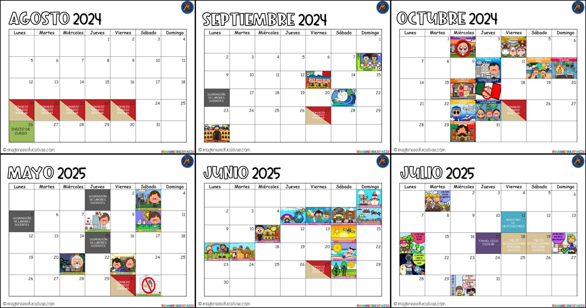 Calendario escolar 2024-2025 con efemérides en blanco y negro para ...