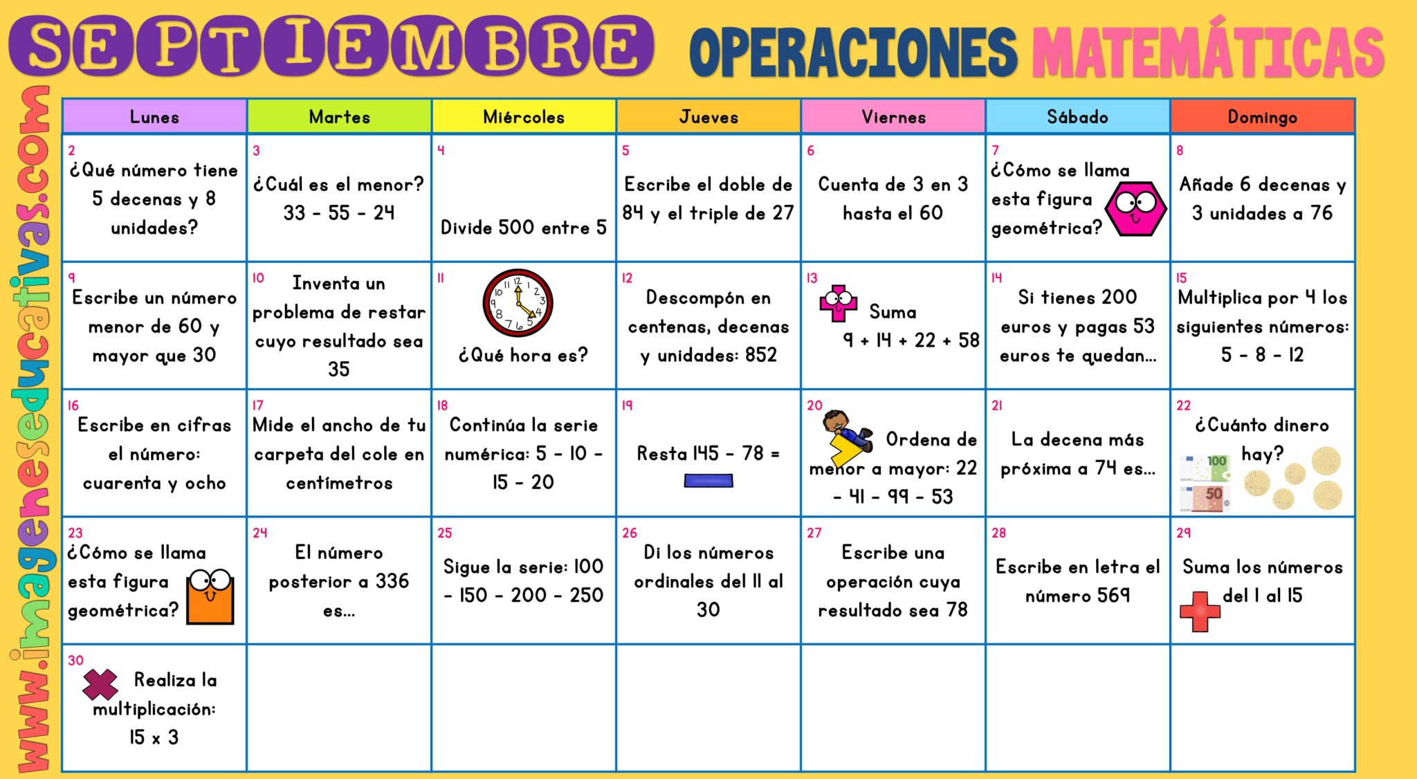 Calendario Matemático de septiembre 2024 - Imagenes Educativas