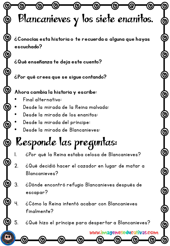 Comprensión lectora cuentos clásicos Blancanieves y los siete enanitos - Imagenes Educativas