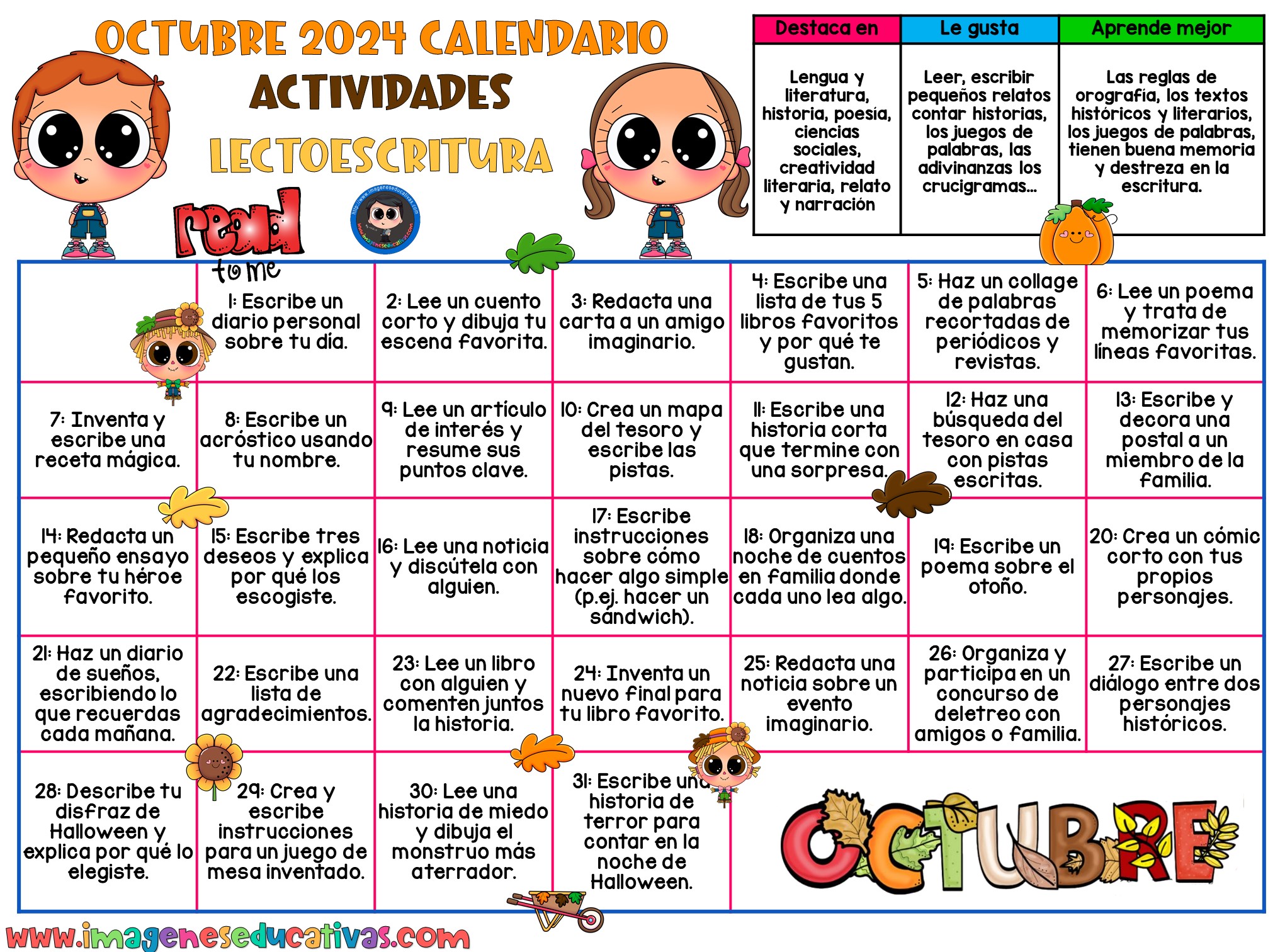 Calendario actividades lectoescritura octubre (1) - Imagenes Educativas