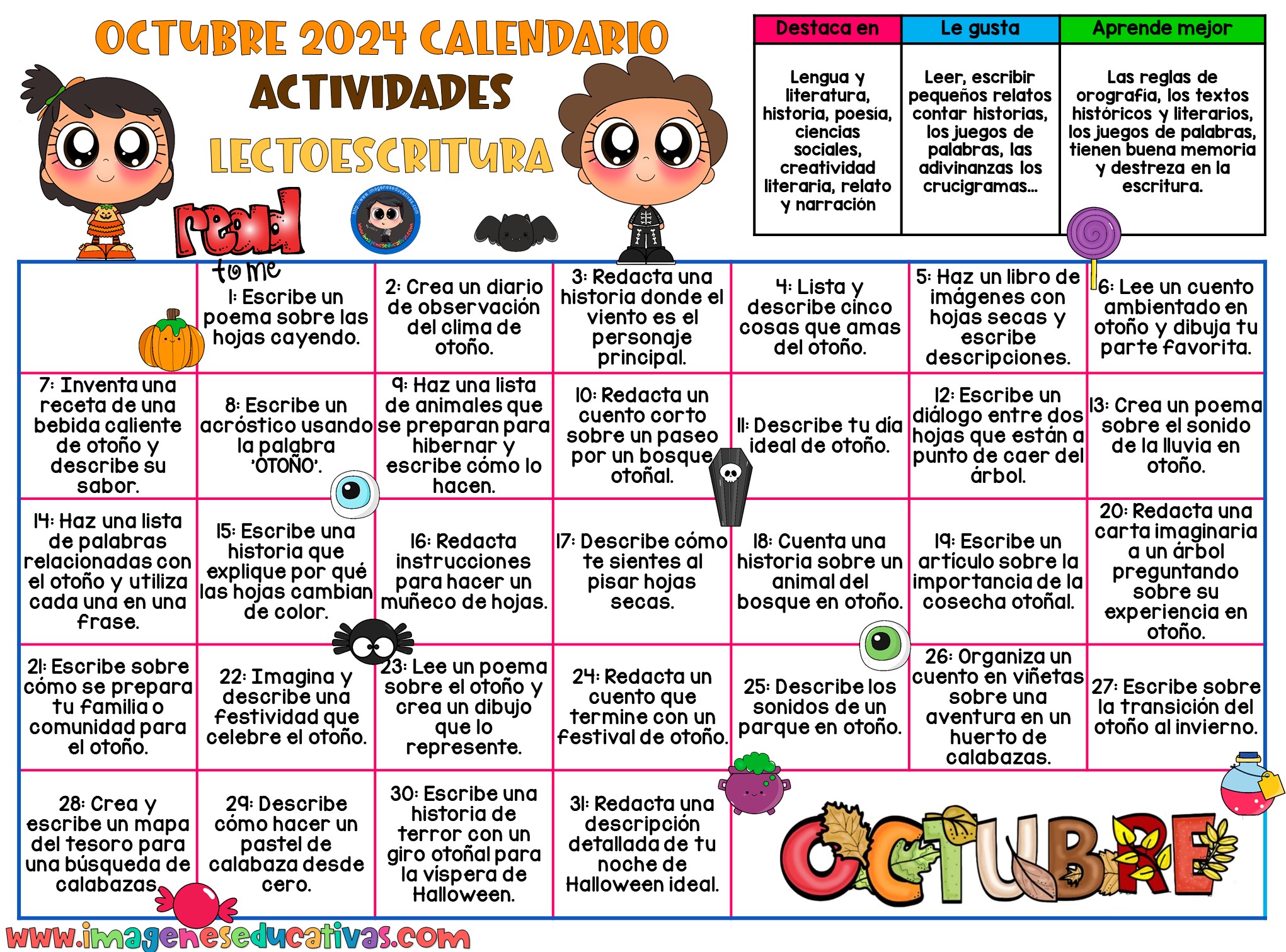 Calendario actividades lectoescritura octubre (2) - Imagenes Educativas