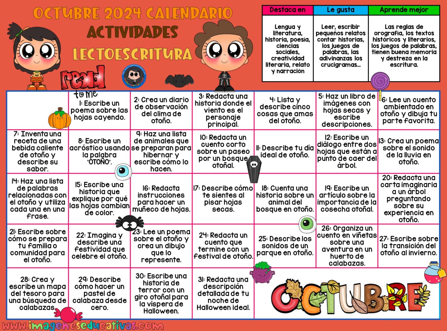 Calendario actividades lectoescritura octubre (4) - Imagenes Educativas