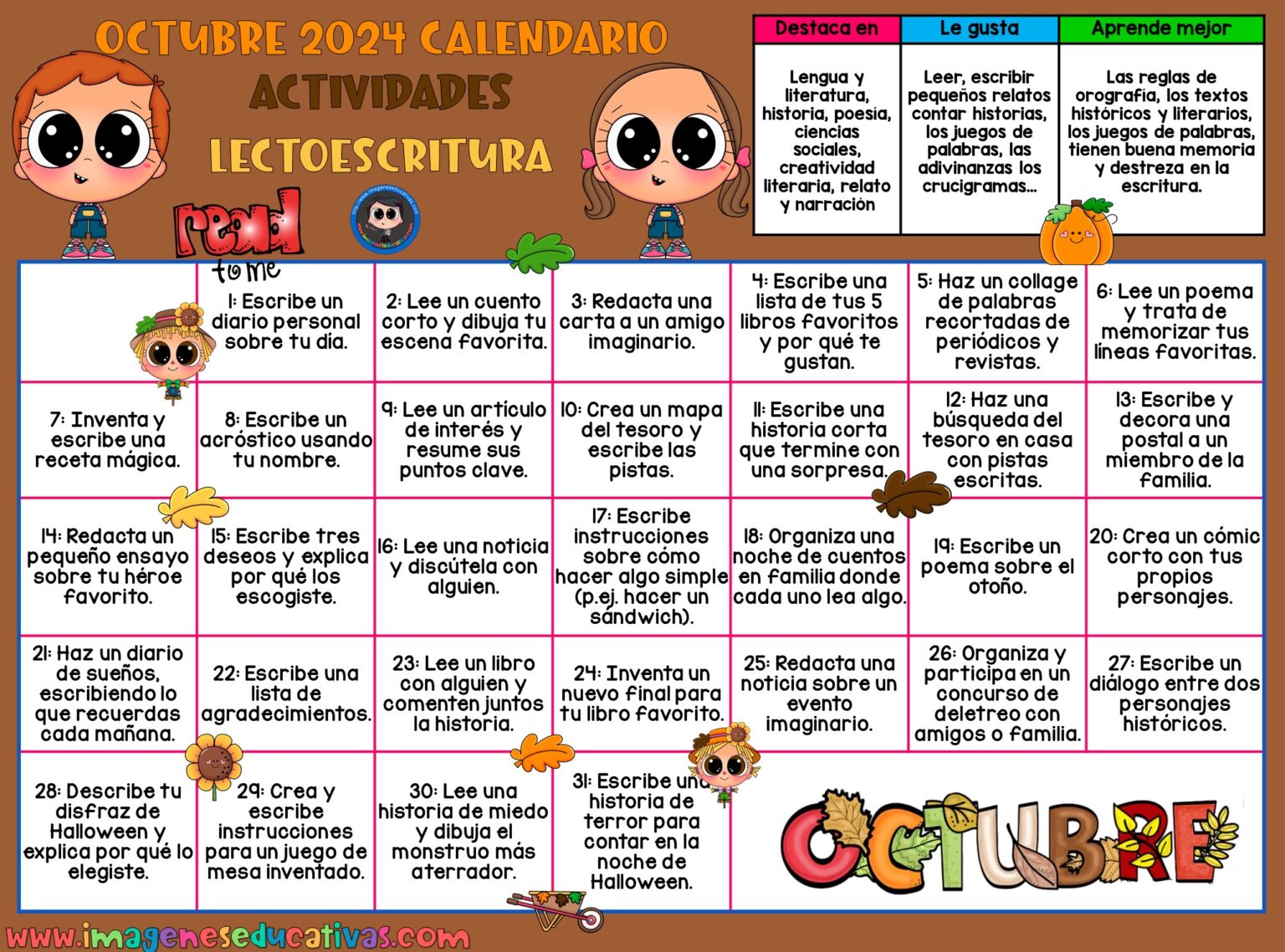 Calendario actividades lectoescritura octubre (5) - Imagenes Educativas