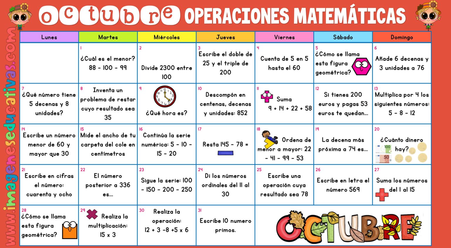 Calendario operaciones matemáticas octubre de 2024 - Imagenes Educativas