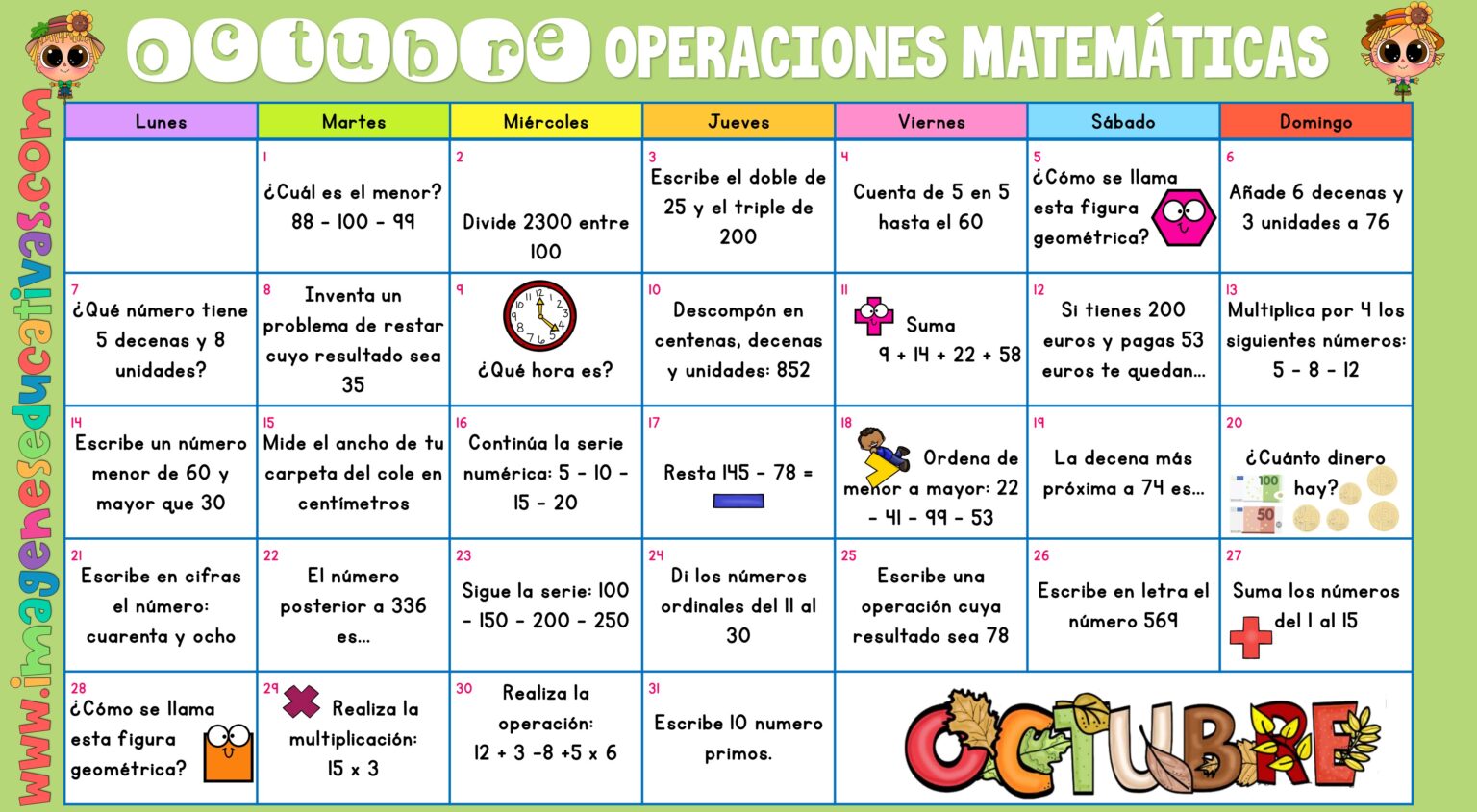 Calendario operaciones matemáticas octubre de 2024 - Imagenes Educativas