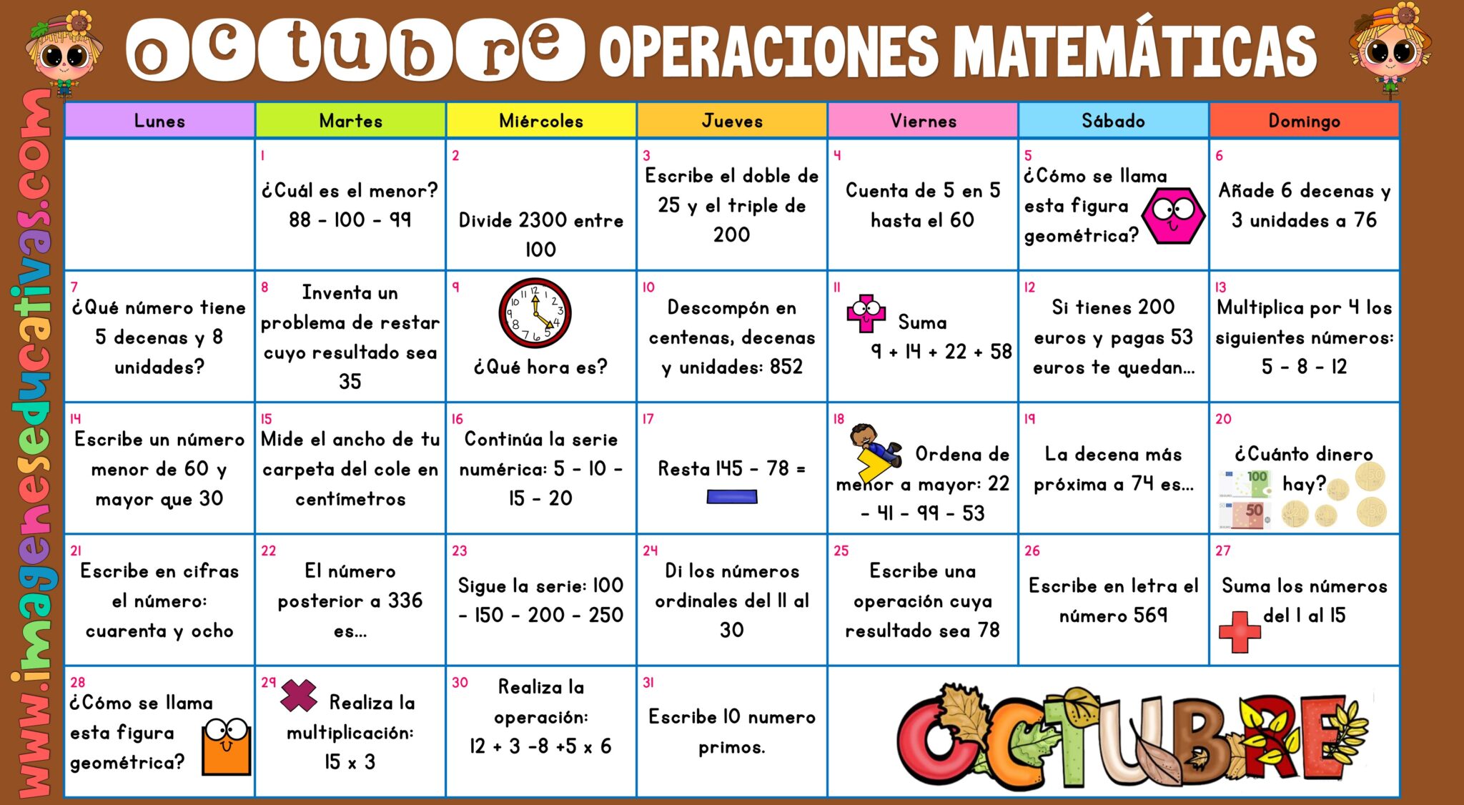 Calendario sumas y restas noviembre 2024 - Imagenes Educativas