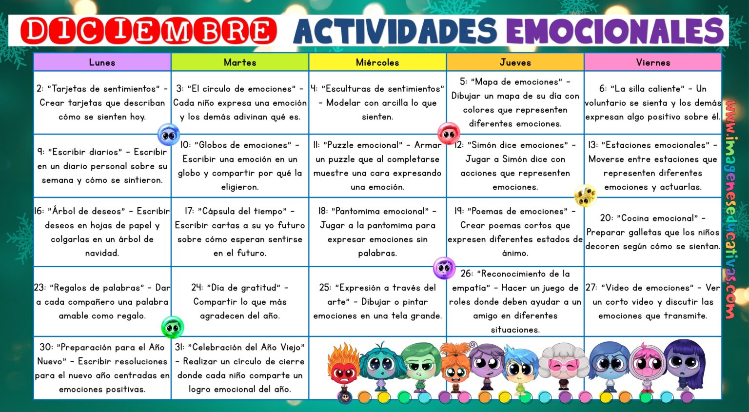 Calendario actividades para favorecer la Educación Emocional - Imagenes ...