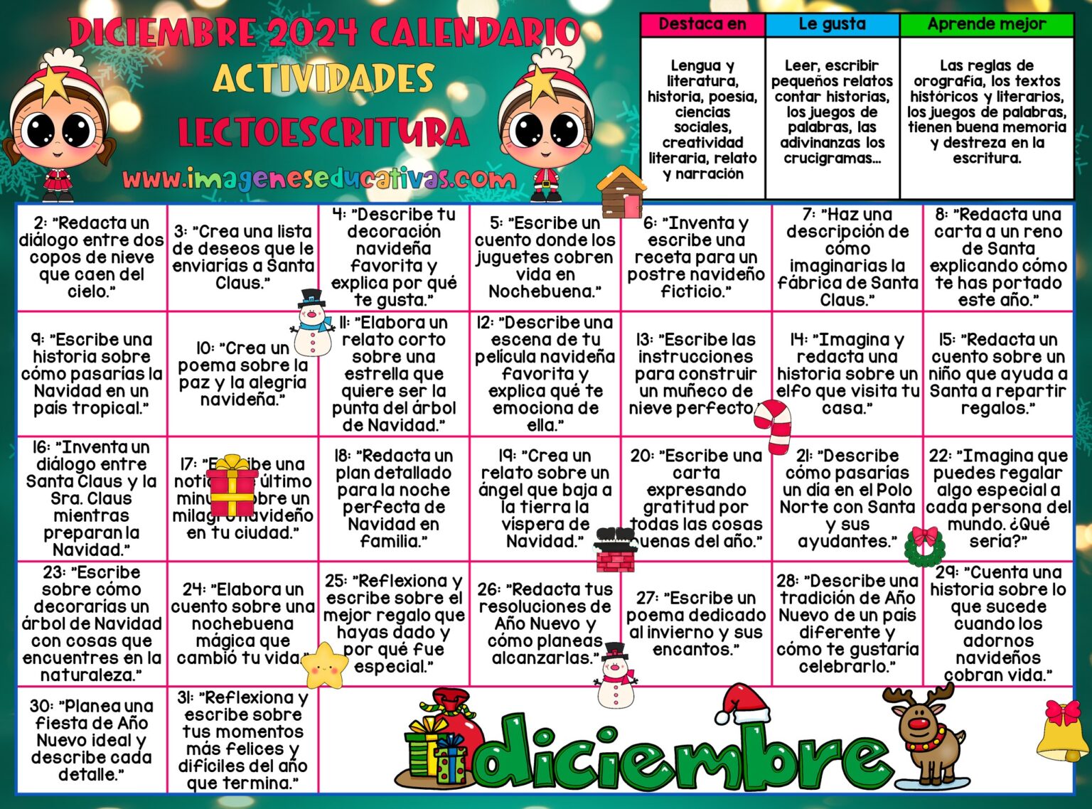 Calendario actividades lectoescritura DICIEMBRE (2) - Imagenes Educativas