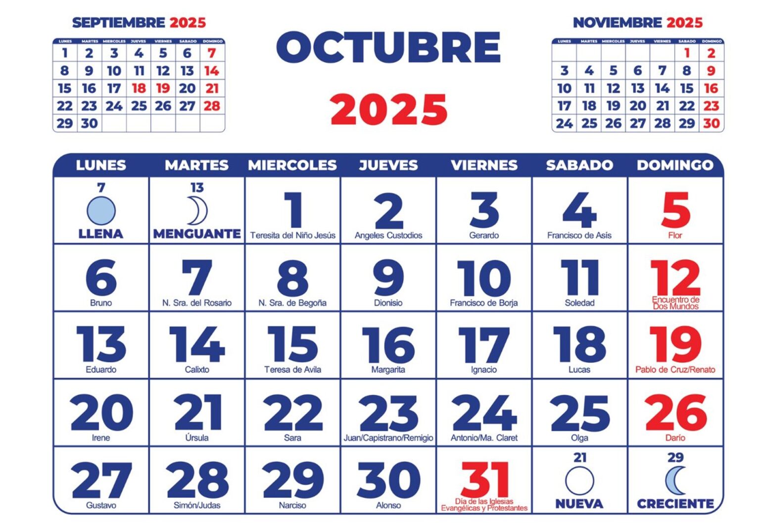 Calendario con santoral 2025 - Imagenes Educativas