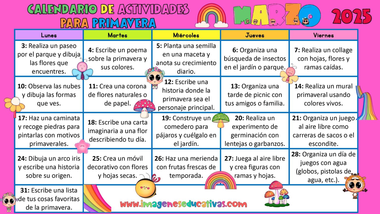 Calendario de Actividades para Primavera marzo 2025 - Imagenes Educativas