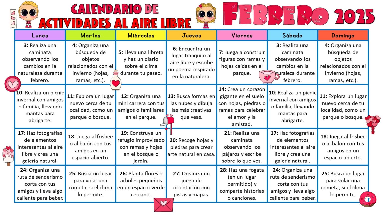 Calendario de actividades al aire libre para Infantil febrero 2025 ...