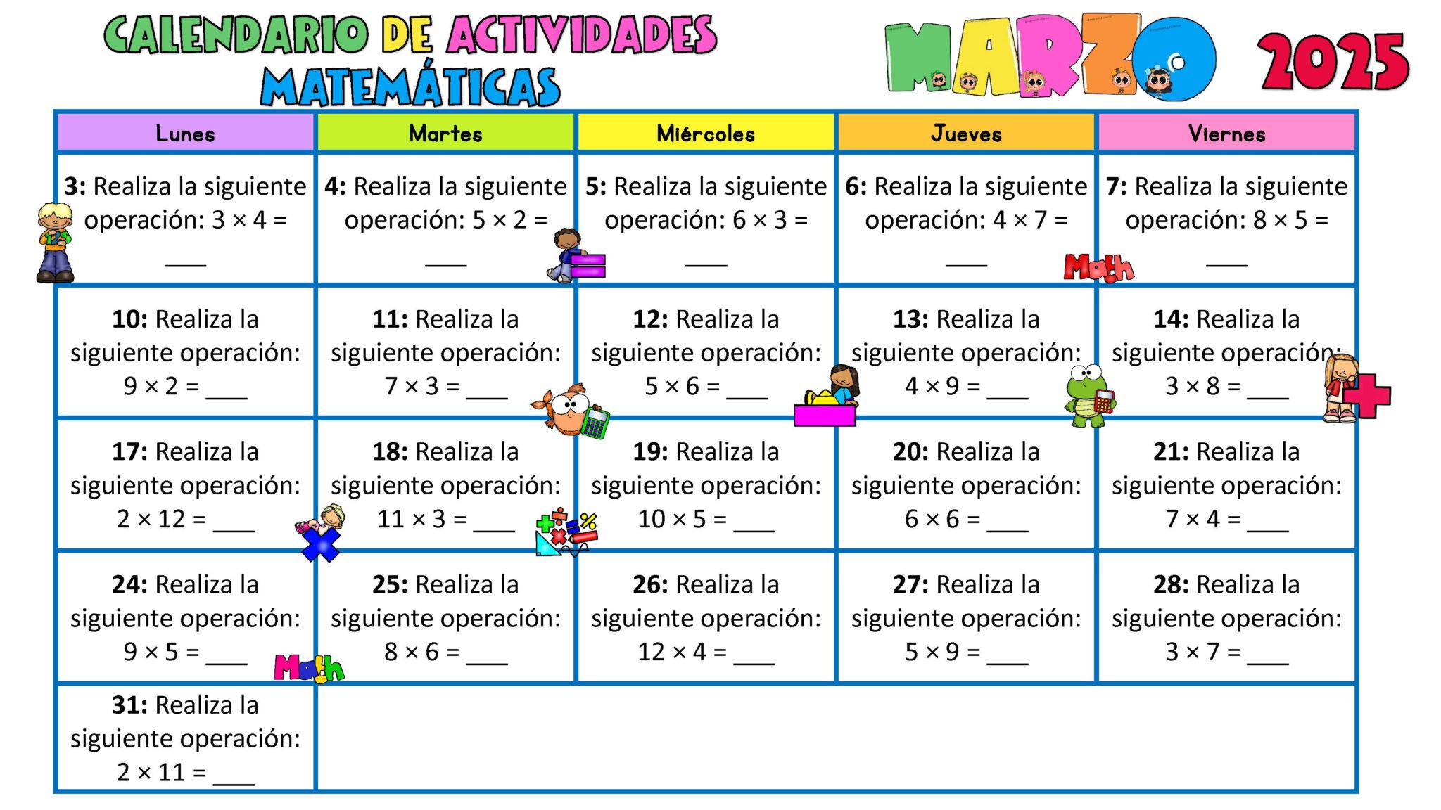 Calendario actividades matemáticas Marzo 2025 - Imagenes Educativas