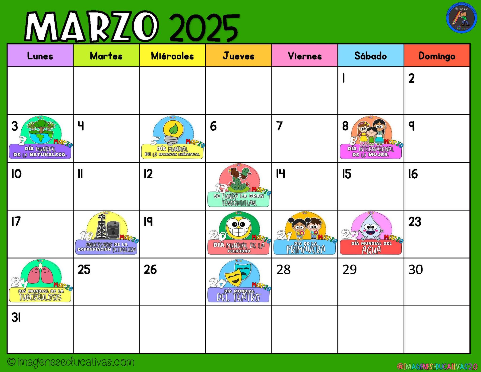 Calendario marzo 2025 con efemérides para rellenar PDF_Página_1 - Imagenes Educativas