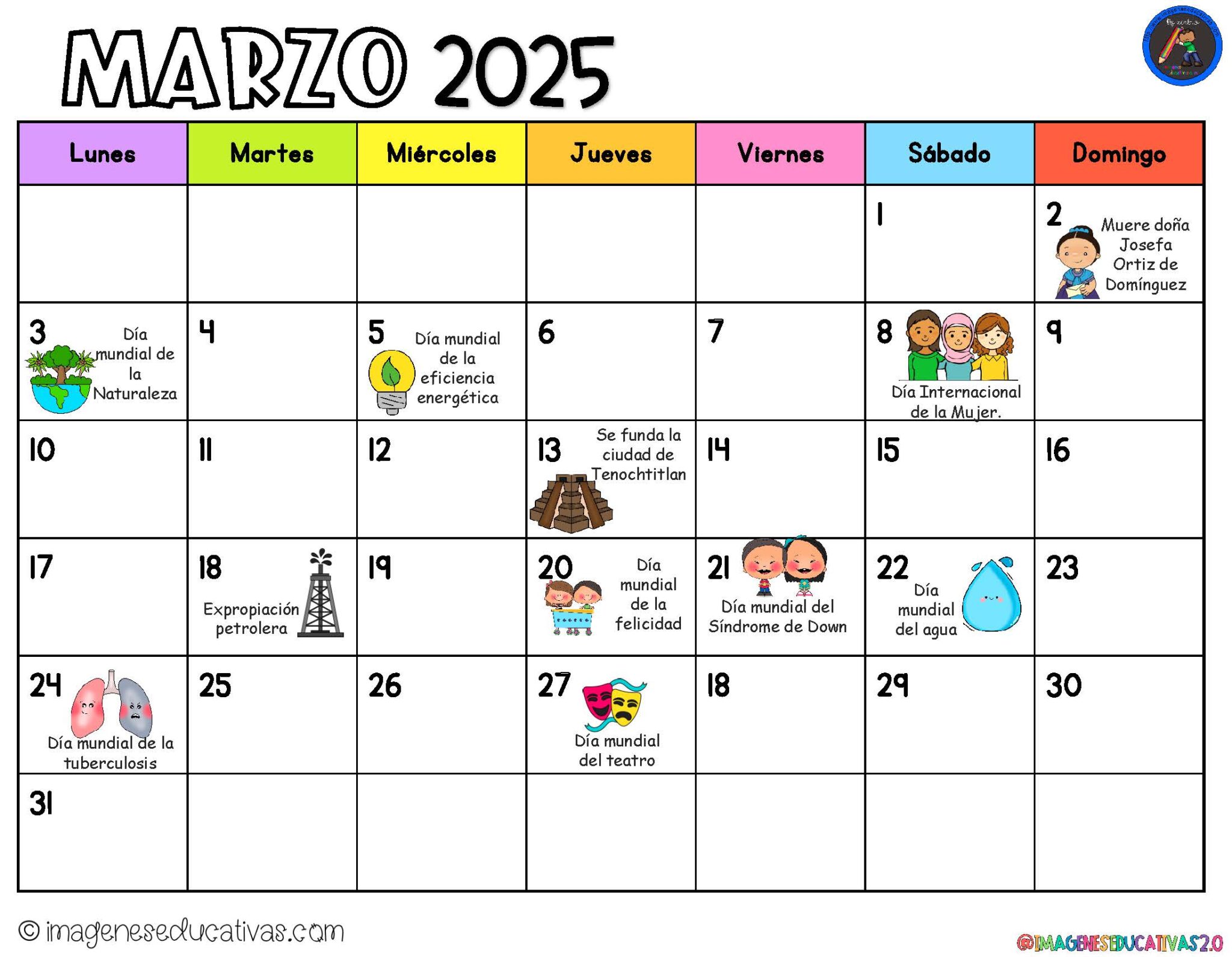 Calendario marzo 2025 con efemérides para rellenar - Imagenes Educativas