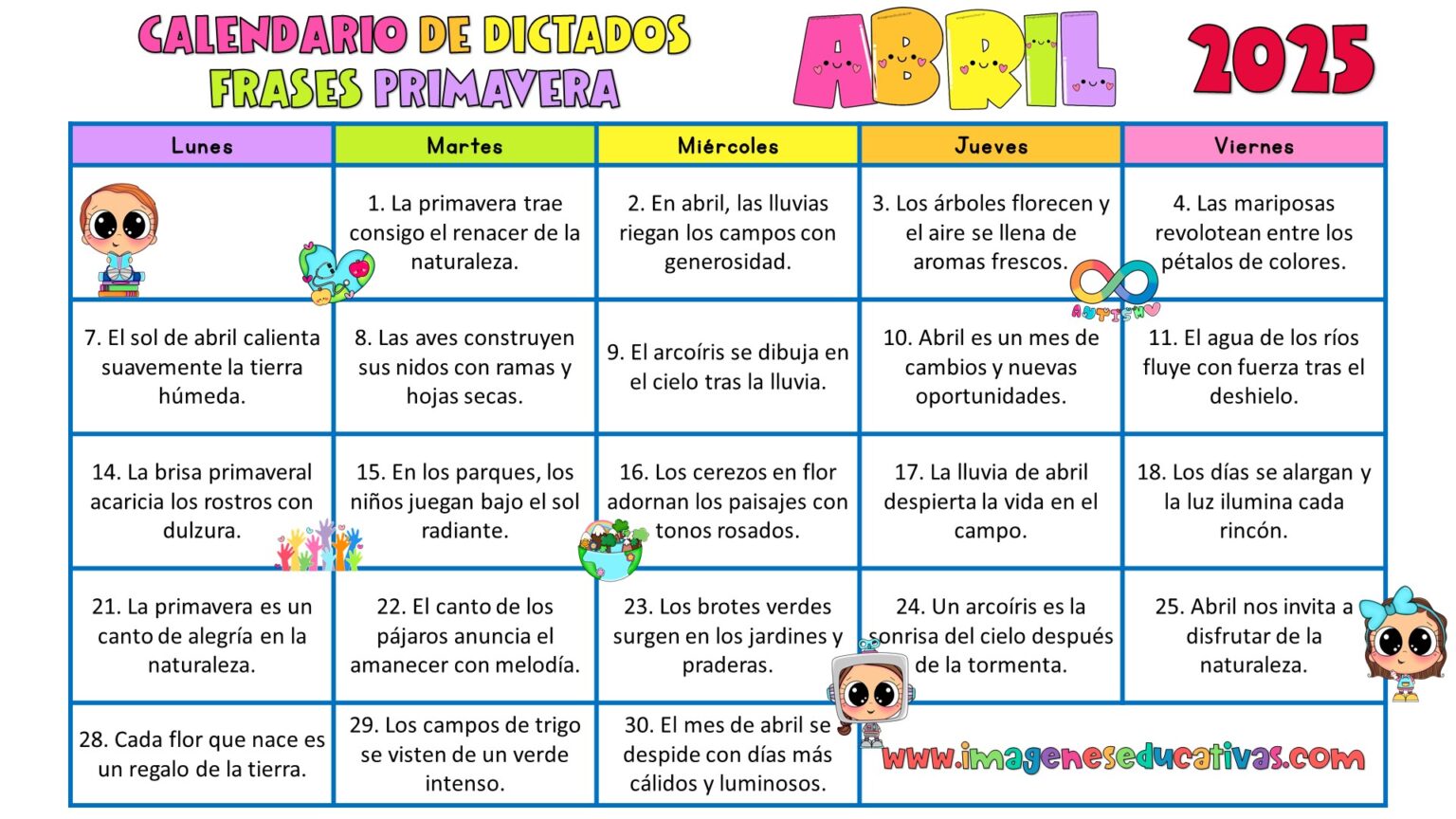 Calendario dictados de frases ABRIL 2025 (4) - Imagenes Educativas